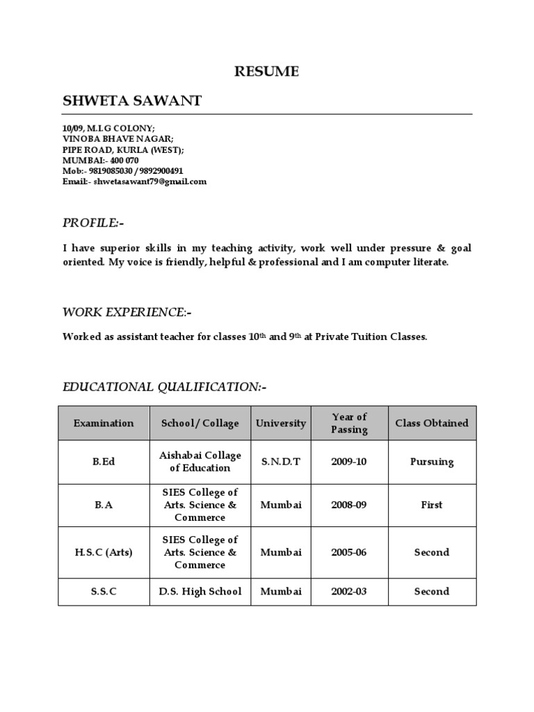 Resume Shweta Sawant: Profile | PDF | Mumbai | Quality Of Life