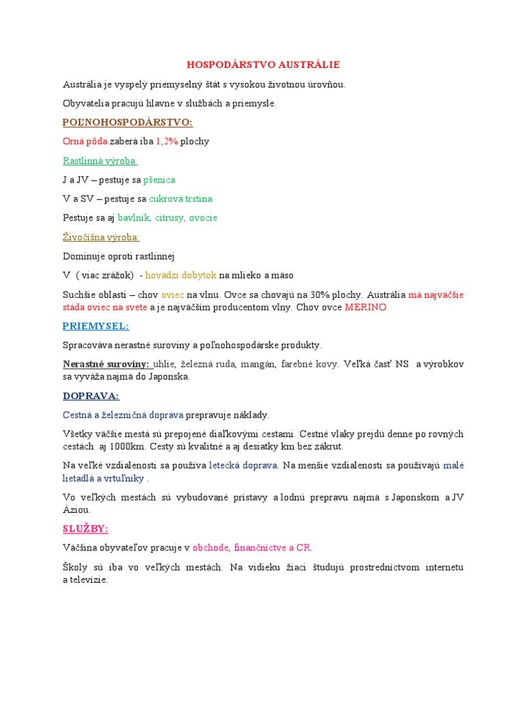 Hospodárstvo Austrálie - Poznámky | PDF