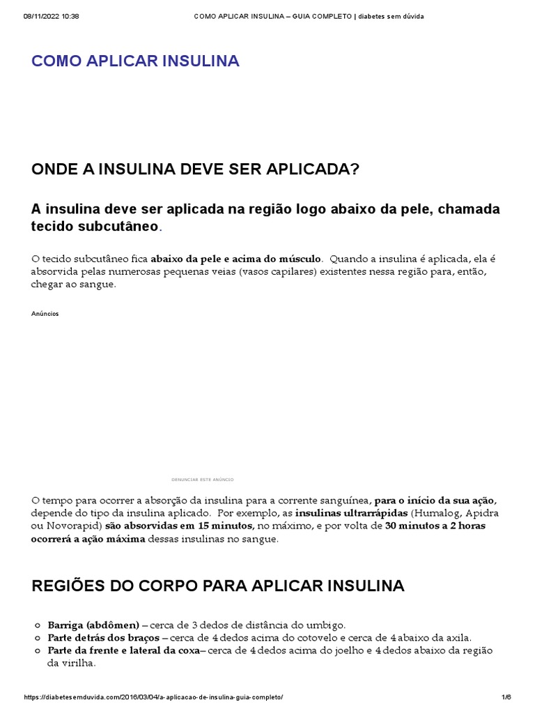 COMO APLICAR INSULINA - GUIA COMPLETO - Diabetes Sem Dúvida | PDF ...