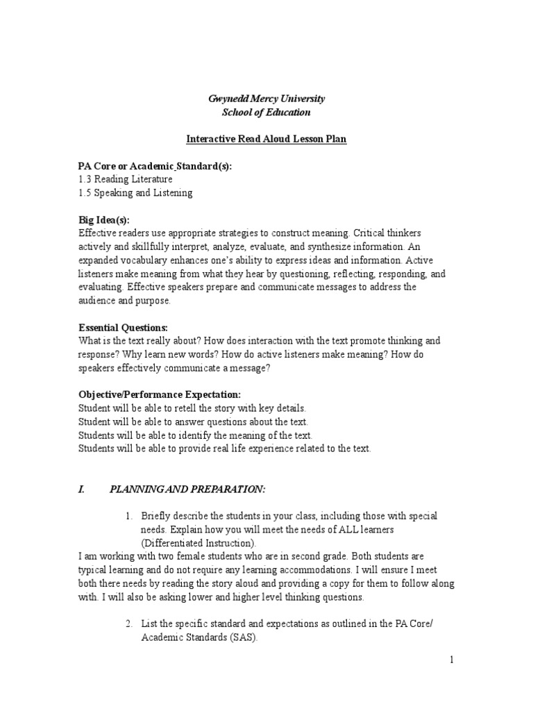Interactive Read Aloud Lesson Plan | PDF | Reading Comprehension ...