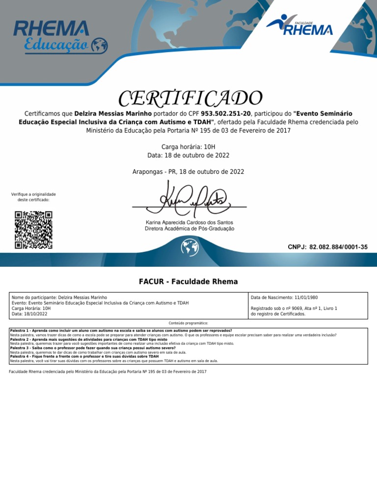 Certificado de participação no evento "Evento Seminário Educação ...