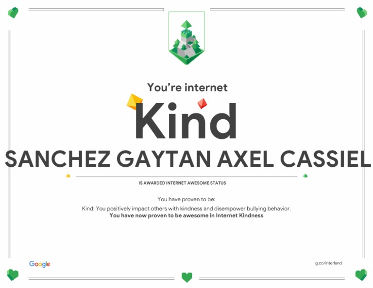 Google Interland SANCHEZ GAYTAN AXEL CASSIEL Certificate of Kindness | PDF