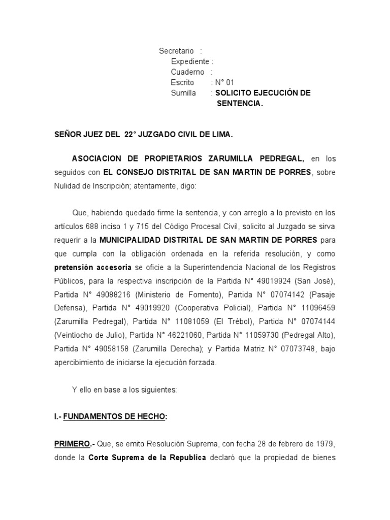 Demanda de Ejecucion de Sentencia A 22 Juzgado | PDF | Demanda judicial | Sentencia (ley)