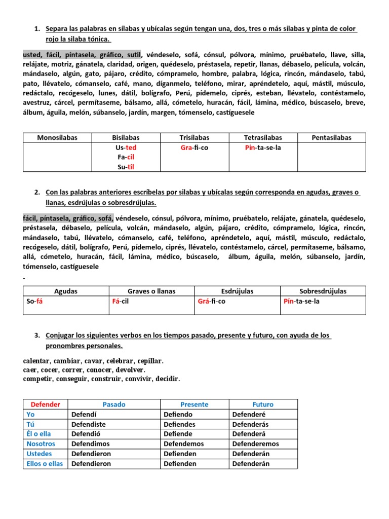 Separa Las Palabras en Sílabas y Ubícalas Según Tengan Una | Descargar ...