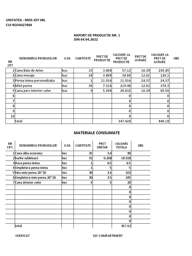 Raport de Productie | PDF