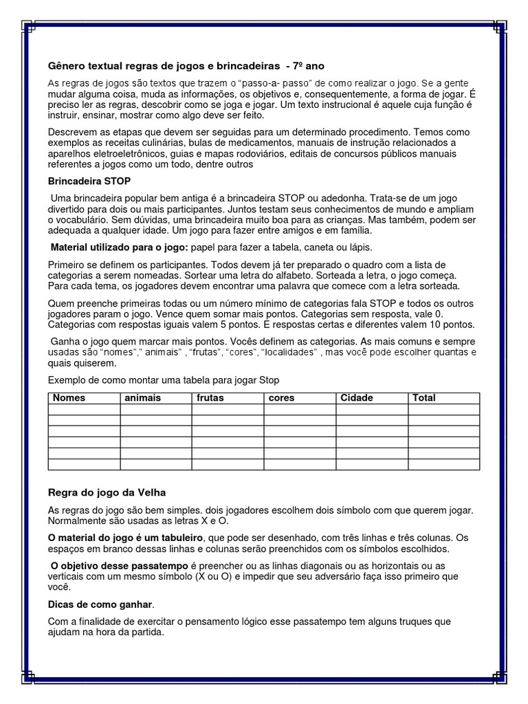 Gênero Textual Regras de Jogos e Brincadeiras | PDF