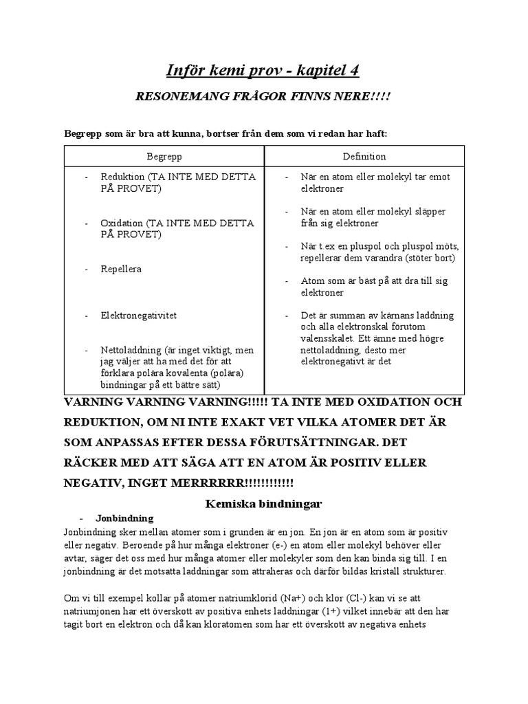 Inför Kemi Provet Kap 4 | PDF