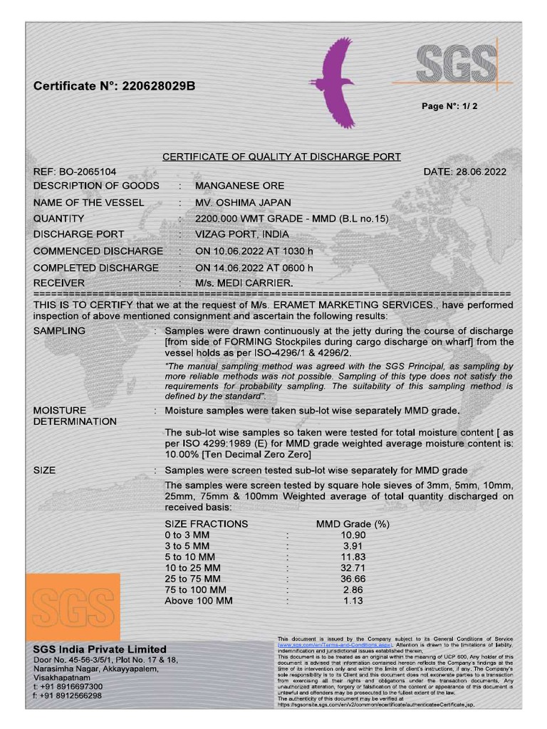 SGS Quality - Vizag - Oshima | PDF