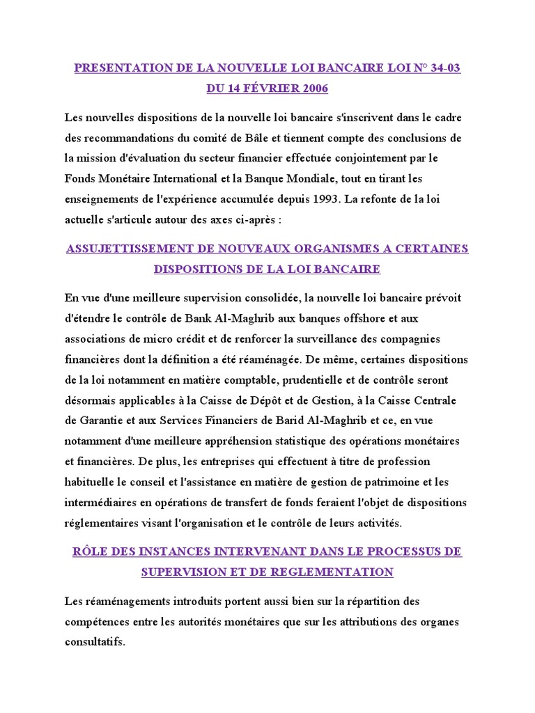 Nouvelle Loi Bancaire N° 34-03 | PDF | Affaires | Finance et gestion ...