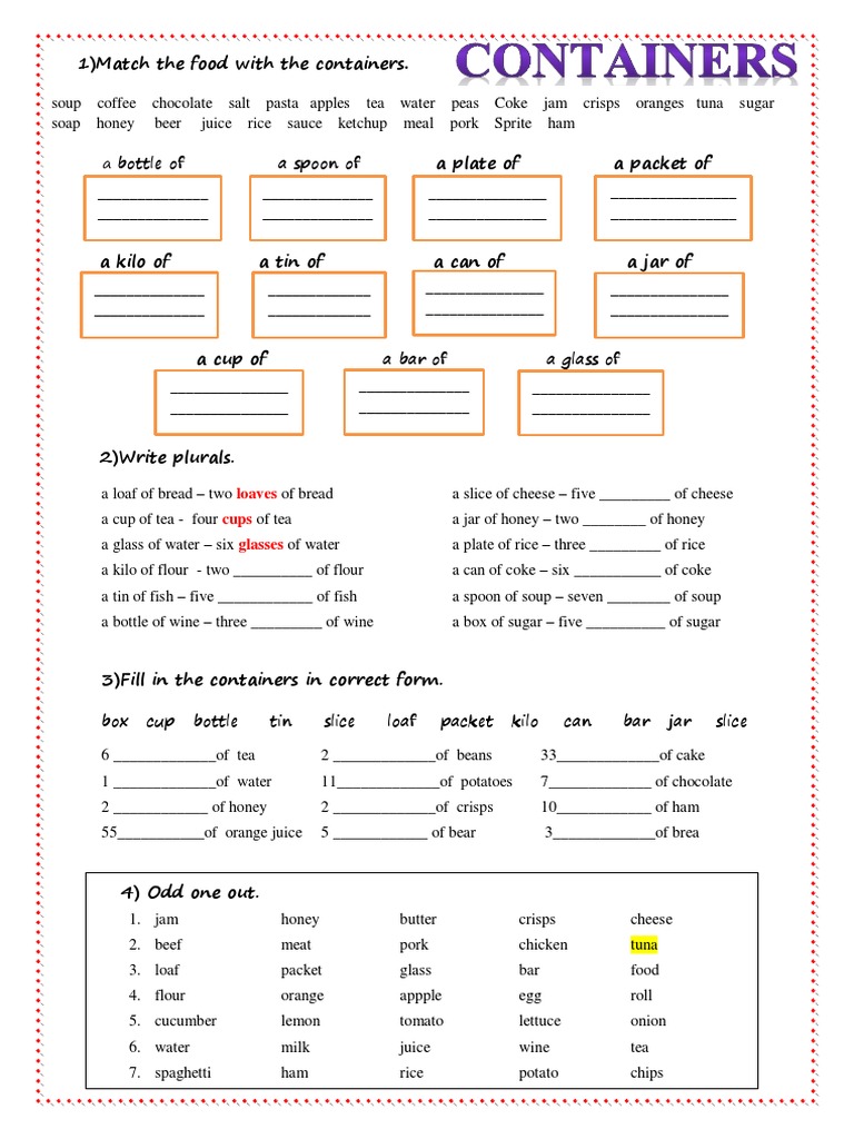 1) Match The Food With The Containers.: A Bar of A Glass of | PDF ...