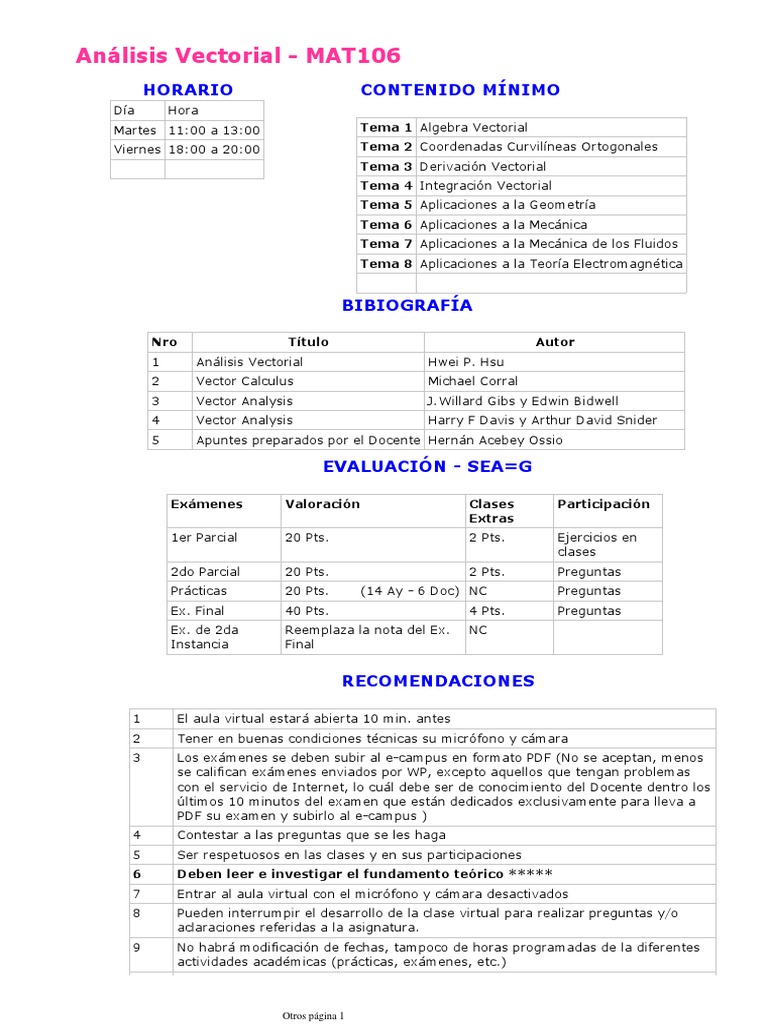 Análisis Vectorial - MAT106 | PDF | Prueba (evaluación) | Vector Euclidiano