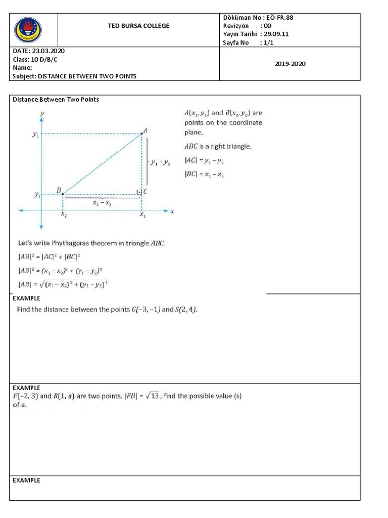 Distance Between Two Points WORKSHEET 1 | PDF