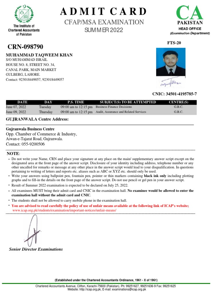 ICAP Admit Card | PDF