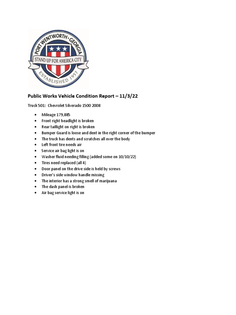 Public Works Vehicle Condition Report | PDF | Ford F Series | Truck