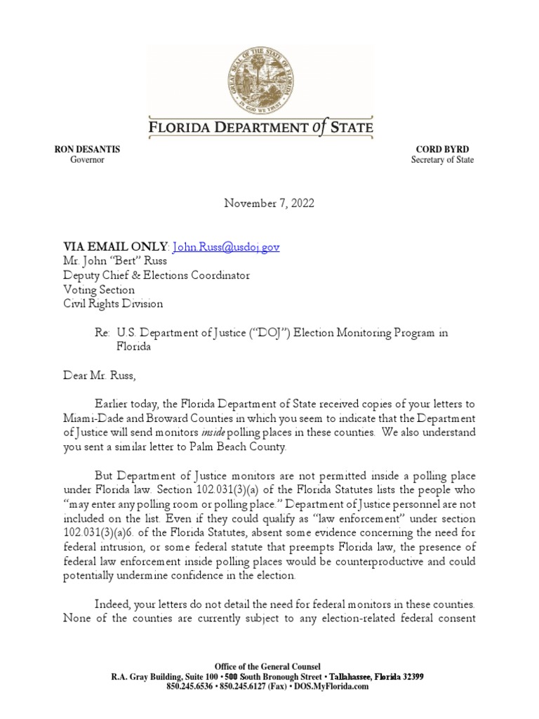 Florida's Response to DOJ Election Monitors | PDF | Florida | Federal ...