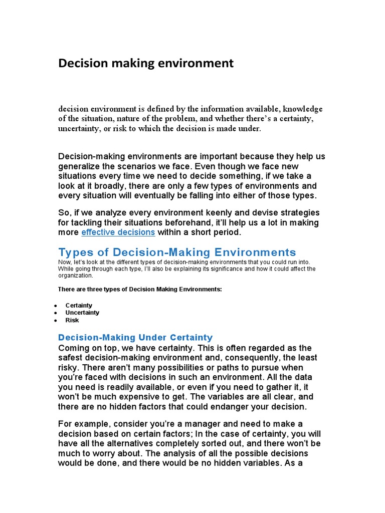 Decision Making Environment | PDF | Decision Making | Risk