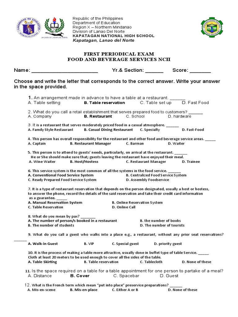 Fbs Ncii Exam Answer Key | PDF | Restaurants | Foodservice Fbs Ncii Exam Answer Key | PDF | Restaurants | Foodservice