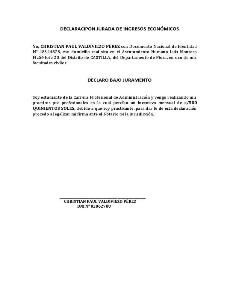 Declaración Jurada de Ingresos Económicos | PDF