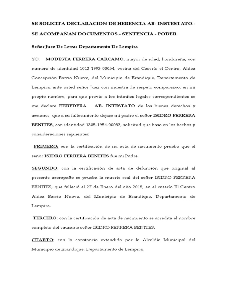 Declaratoria Ab Intestat | PDF | Herencia | Honduras