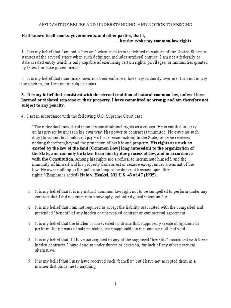 Affidavit to Rescind Contracts and Rights | PDF | U.S. State | Constitution
