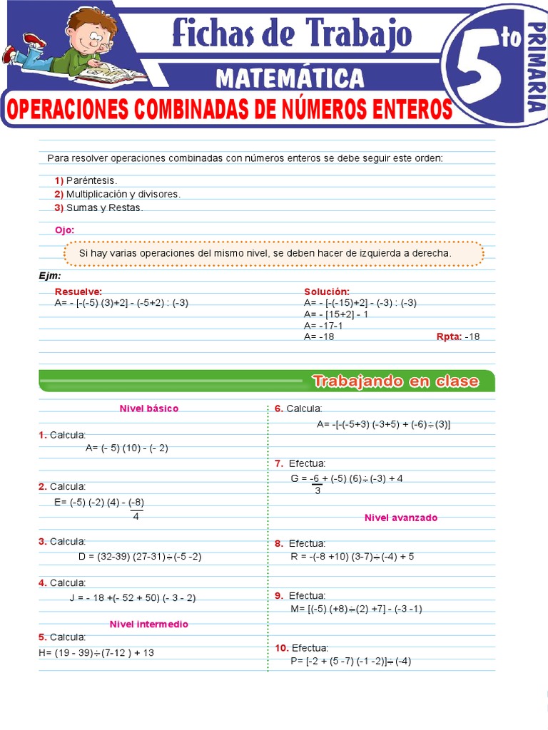 Operaciones Combinadas de Numeros Enteros para Quinto Grado de Primaria ...