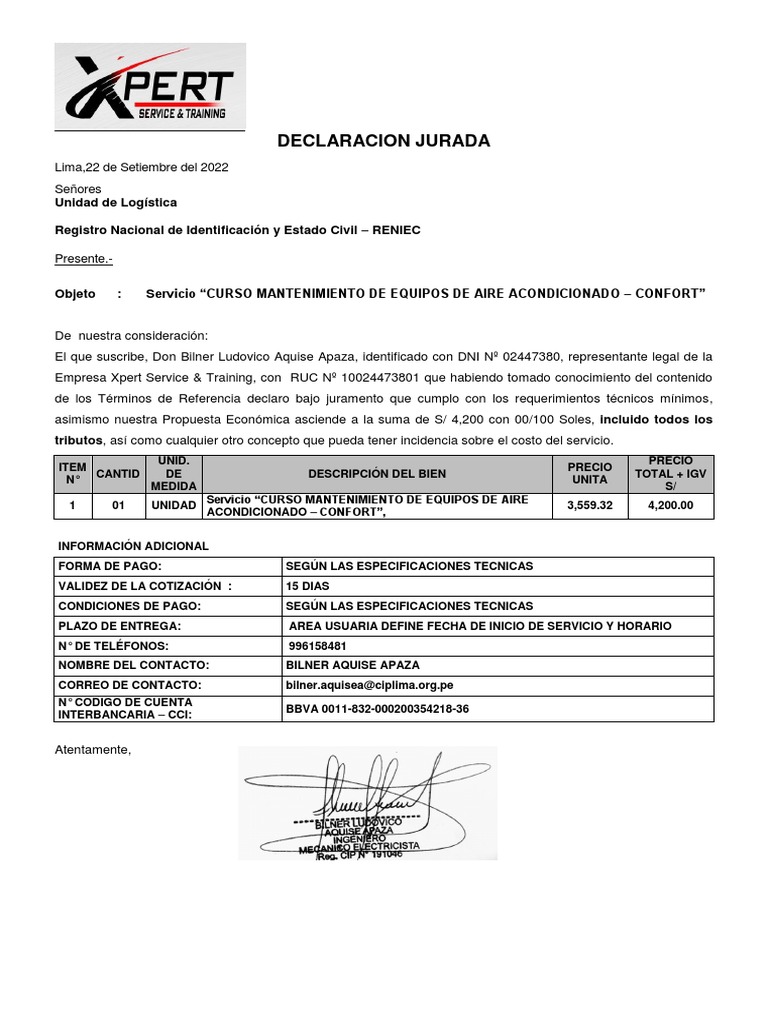 Declaracion Jurada Aire Acondicionado Reniec V1 | PDF | Gobierno