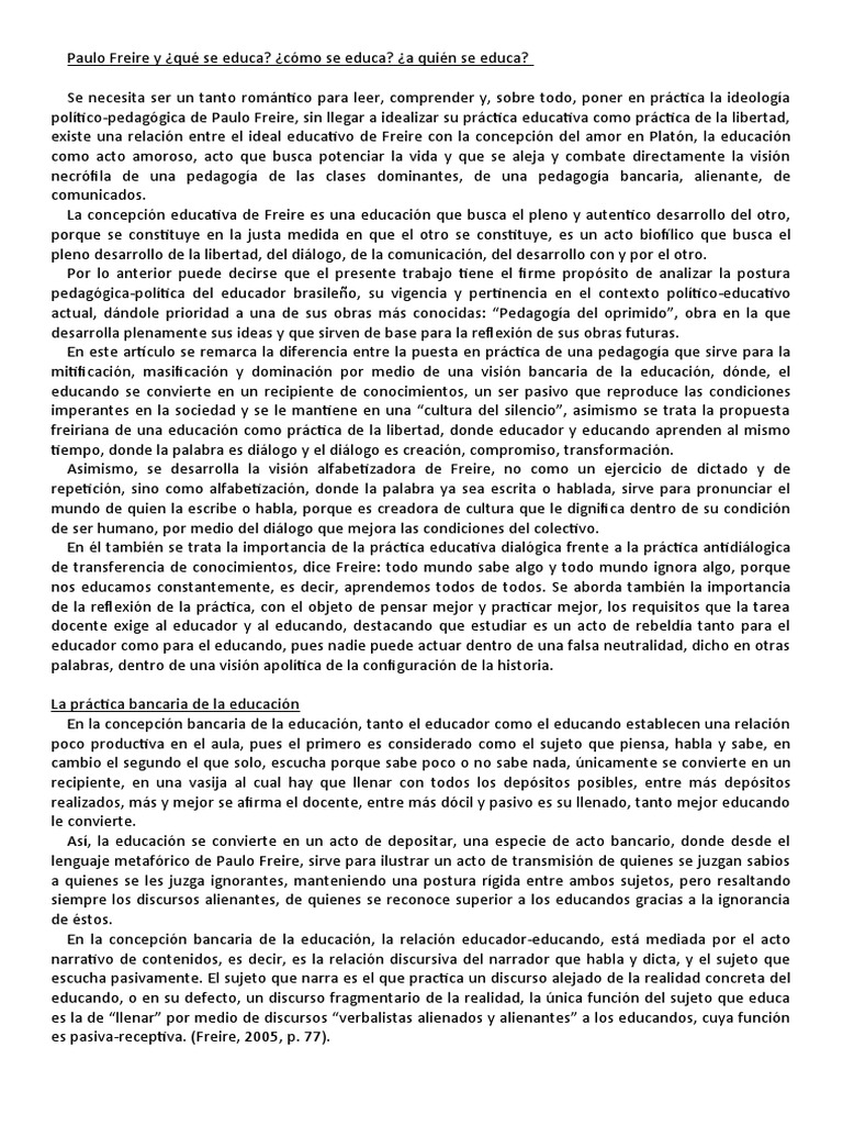 La educación liberadora de Paulo Freire | PDF | marxismo | Pensamiento