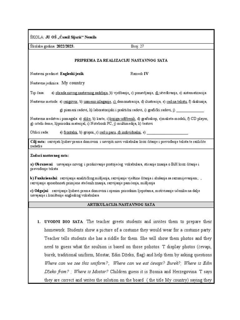 Priprema Za Ogledni My Country | PDF