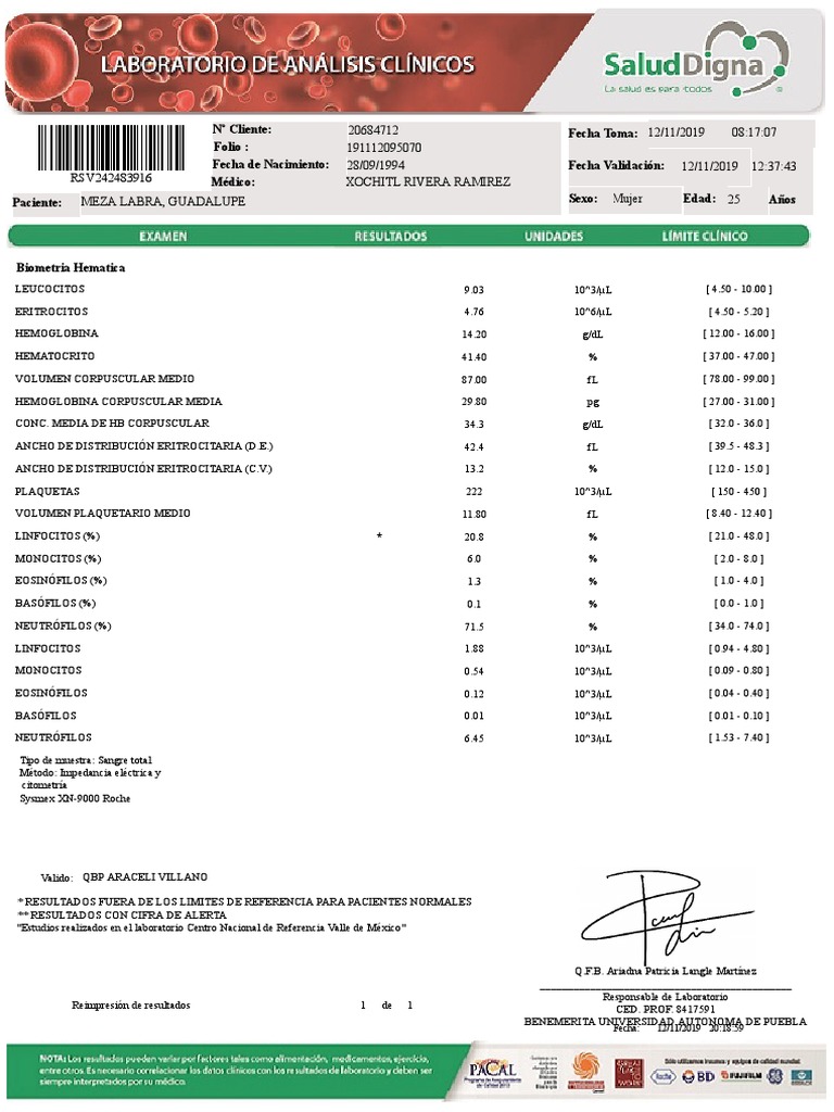 Resultados de Biometría Hemática | PDF | Fisiologia Animal | Anatomía