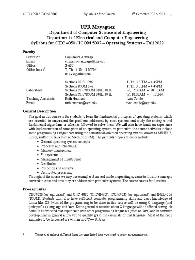 Operating Systems Syllabus Fall 2022 | PDF | Operating System ...