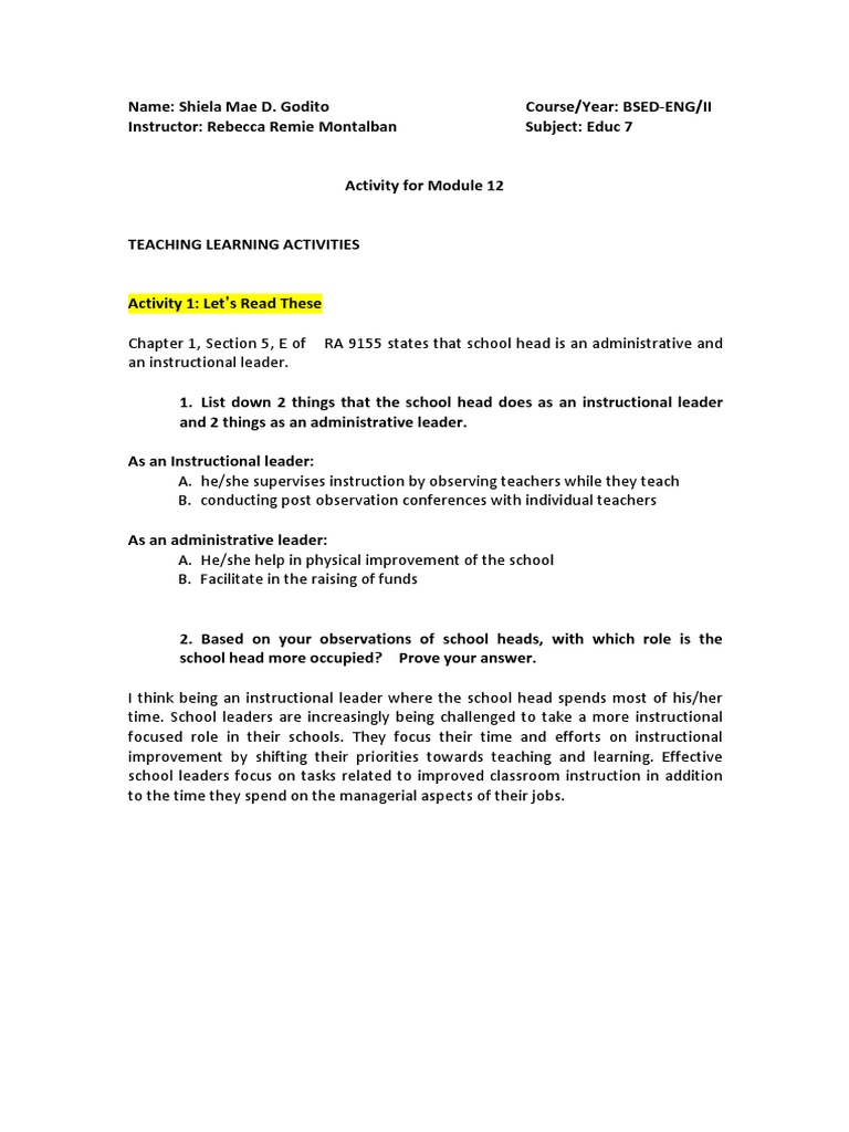 Activity For Module 12 | PDF | Leadership | Teachers