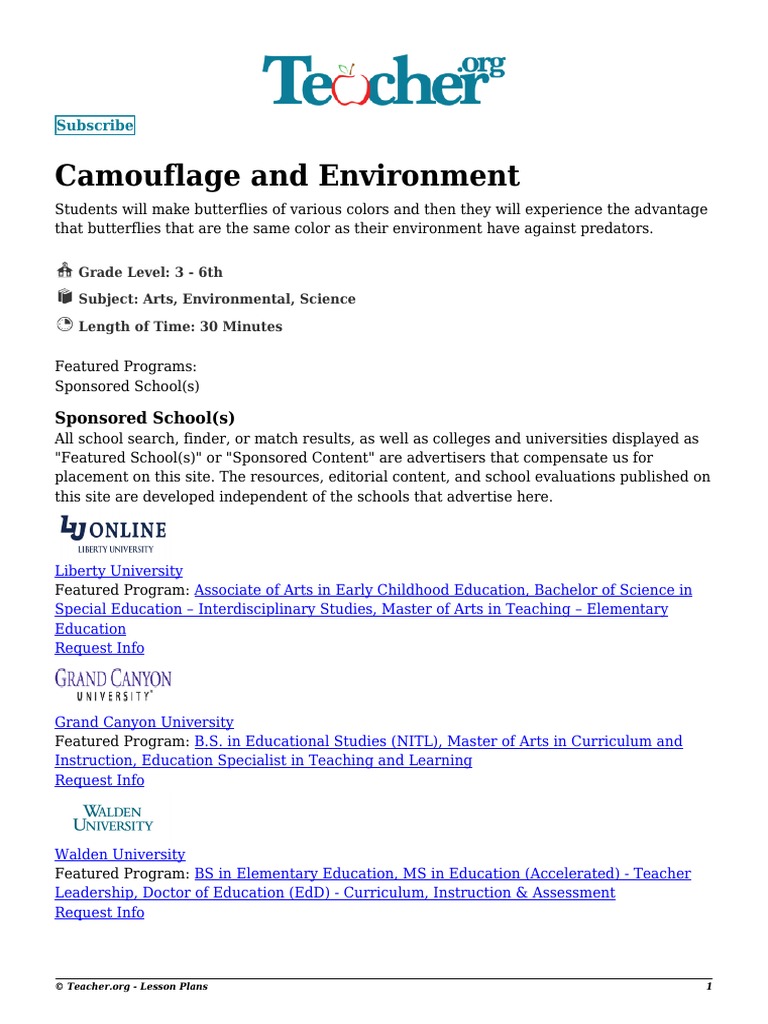 Camouflage and Environment Lesson | PDF | Lesson Plan | Camouflage