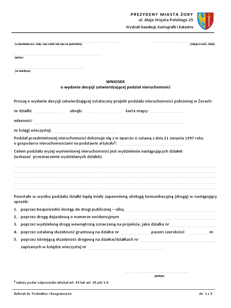 Wniosek o Wydanie Decyzji Zatwierdzającej Podziału Nieruchomości | PDF