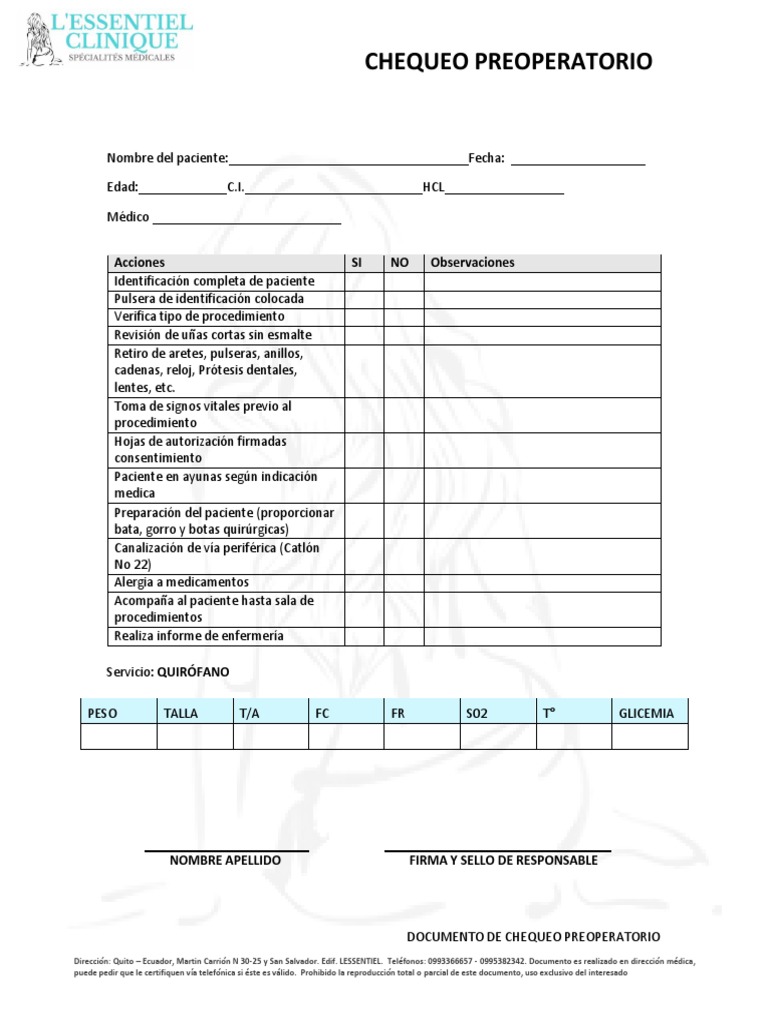 Chequeo Preoperatorio: Lista de Verificación | PDF