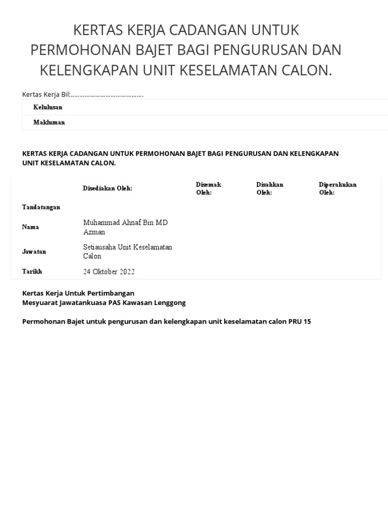 Kertas Kerja Permohonan Peruntukan Khas | PDF