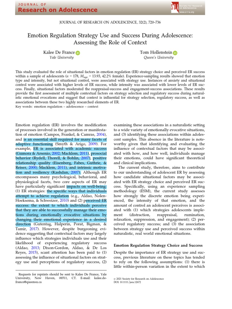Emotion Regulation Strategy Use And Success During Adolescence