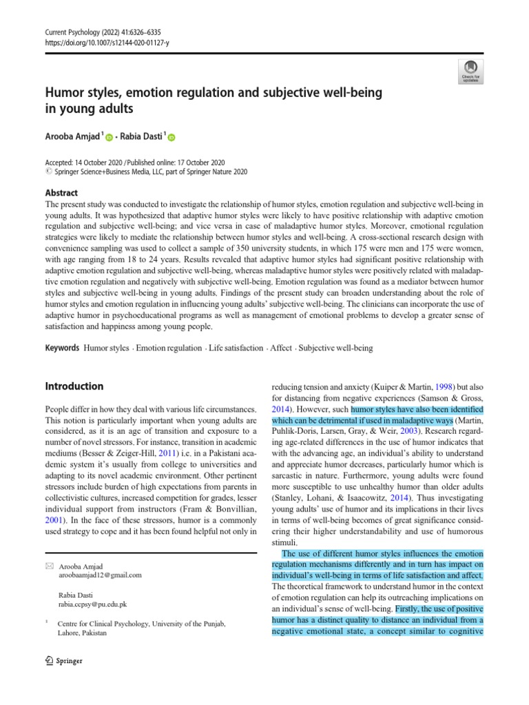 Humor Styles, Emotion Regulation and Subjective Well-Being | PDF ...