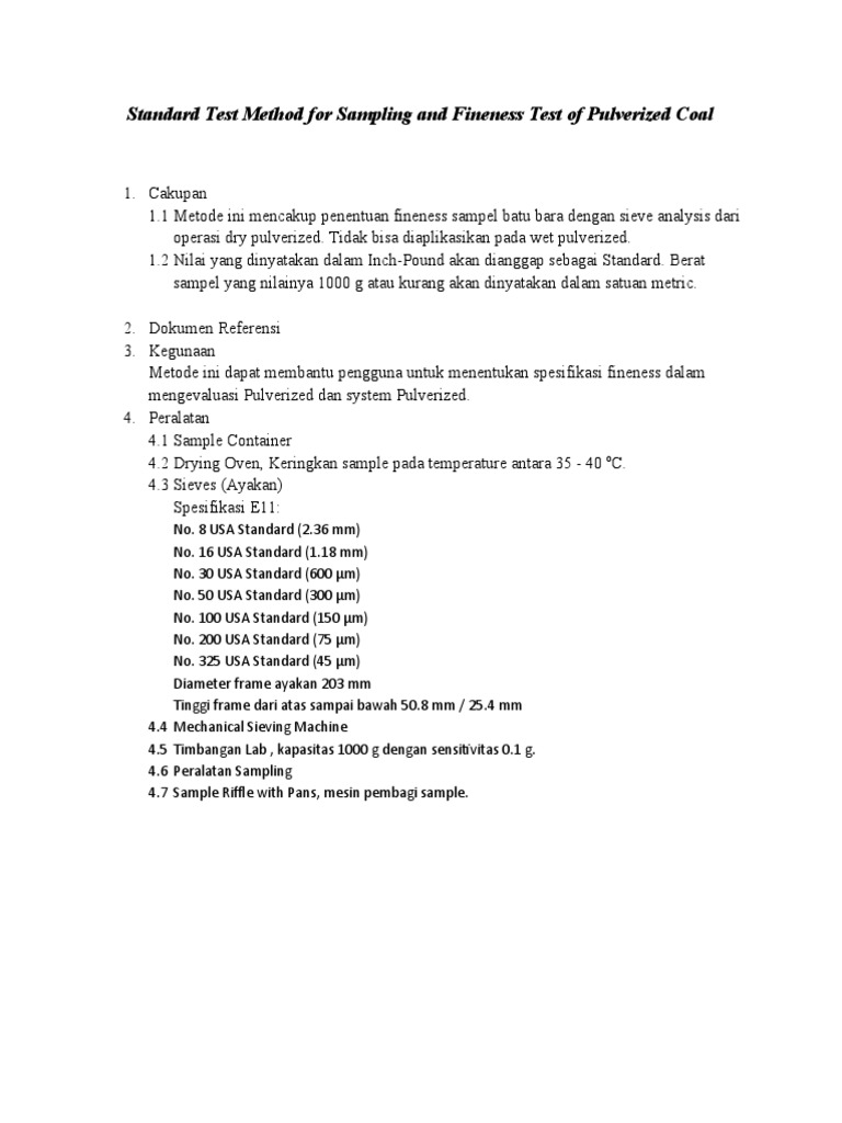 Standard Test Method For Sampling and Fineness Test of Pulverized Coal ...