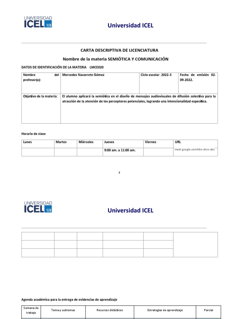 Universidad ICEL: Carta Descriptiva de Licenciatura Nombre de La ...