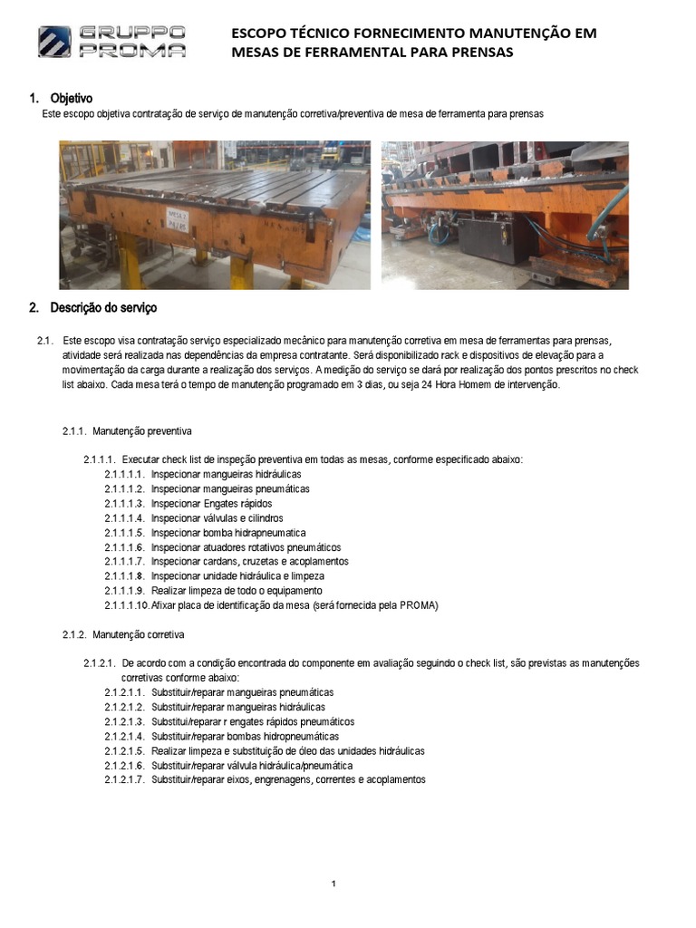 Escopo De Serviços Manutenção Mesa Presas Pdf 