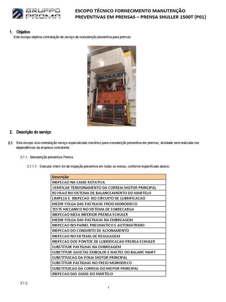 Escopo de Serviços - Manutenção Preventiva Presas | PDF
