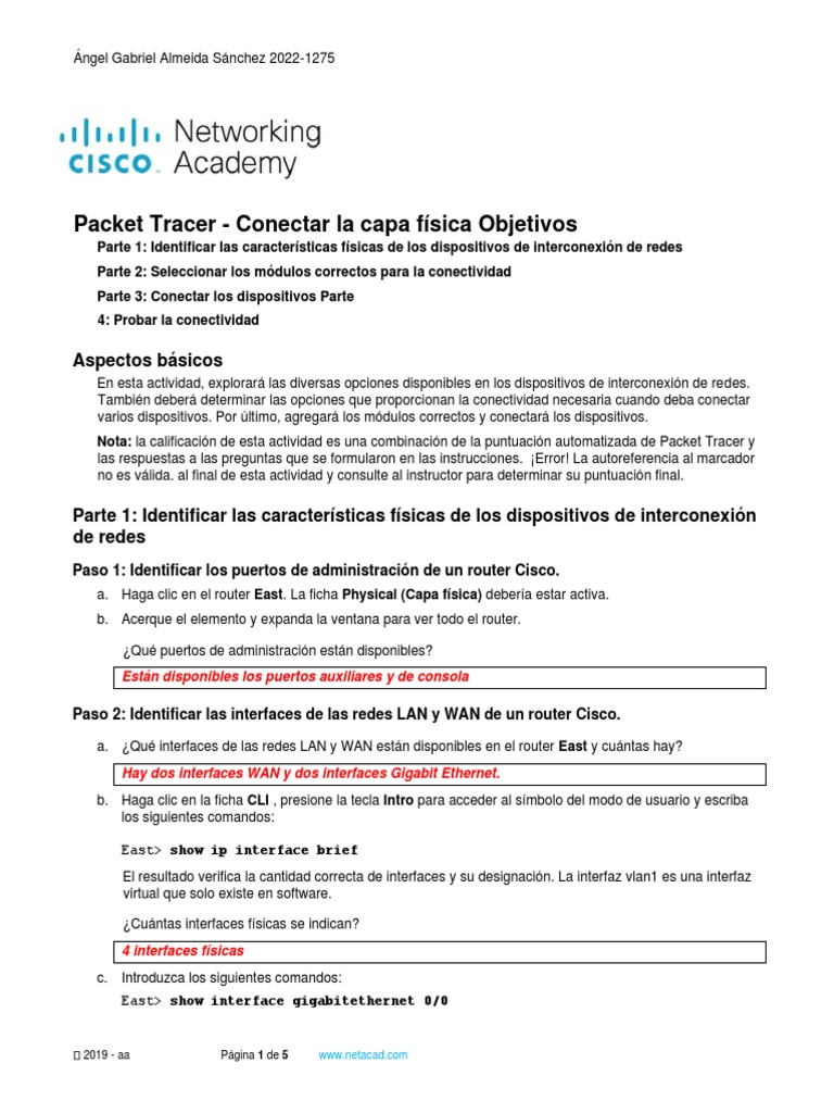4.7.1 Packet Tracer Connect The Physical Layer - Es XL | Descargar gratis PDF | Enrutador ...