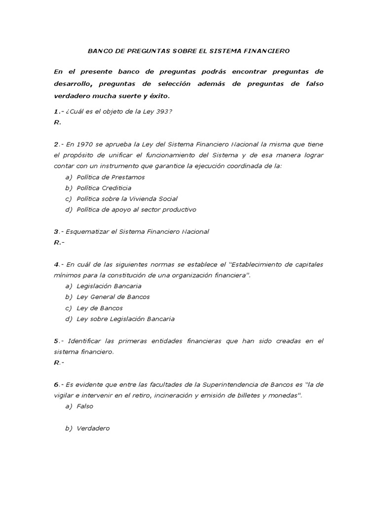 Banco de Preguntas Sobre El Sistema Financiero | PDF | Sistema financiero | Bancos