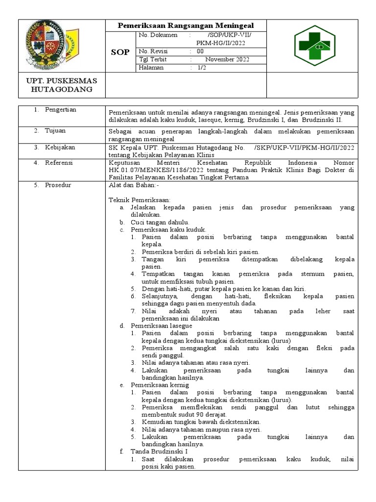 Prosedur Pemeriksaan Rangsangan Meningeal | PDF