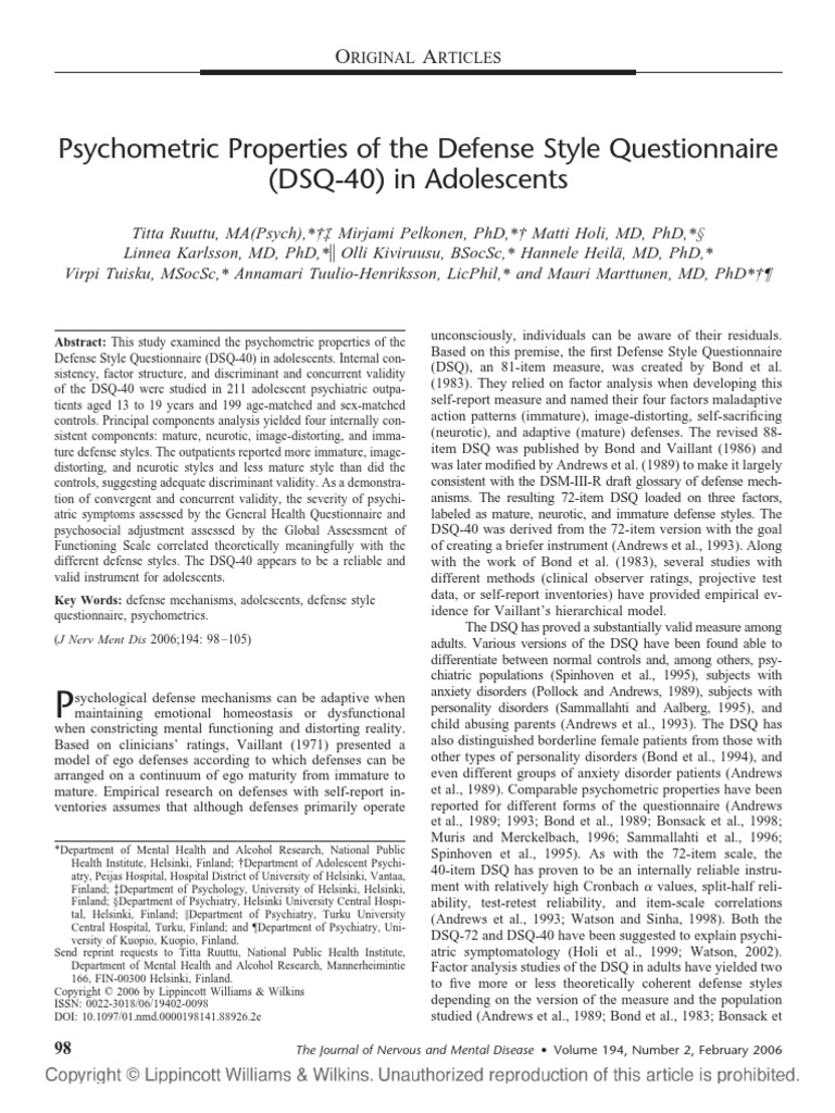 Psychometric Properties of The Defense Style Questionnaire (DSQ-40) in Adolescents | PDF ...