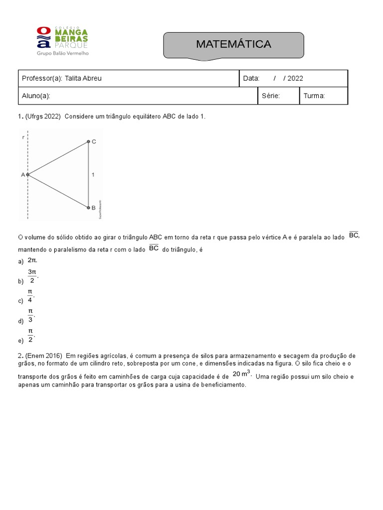 2E.2S.Mat.2022.Atividade Cones | PDF | Sushi | Triângulo