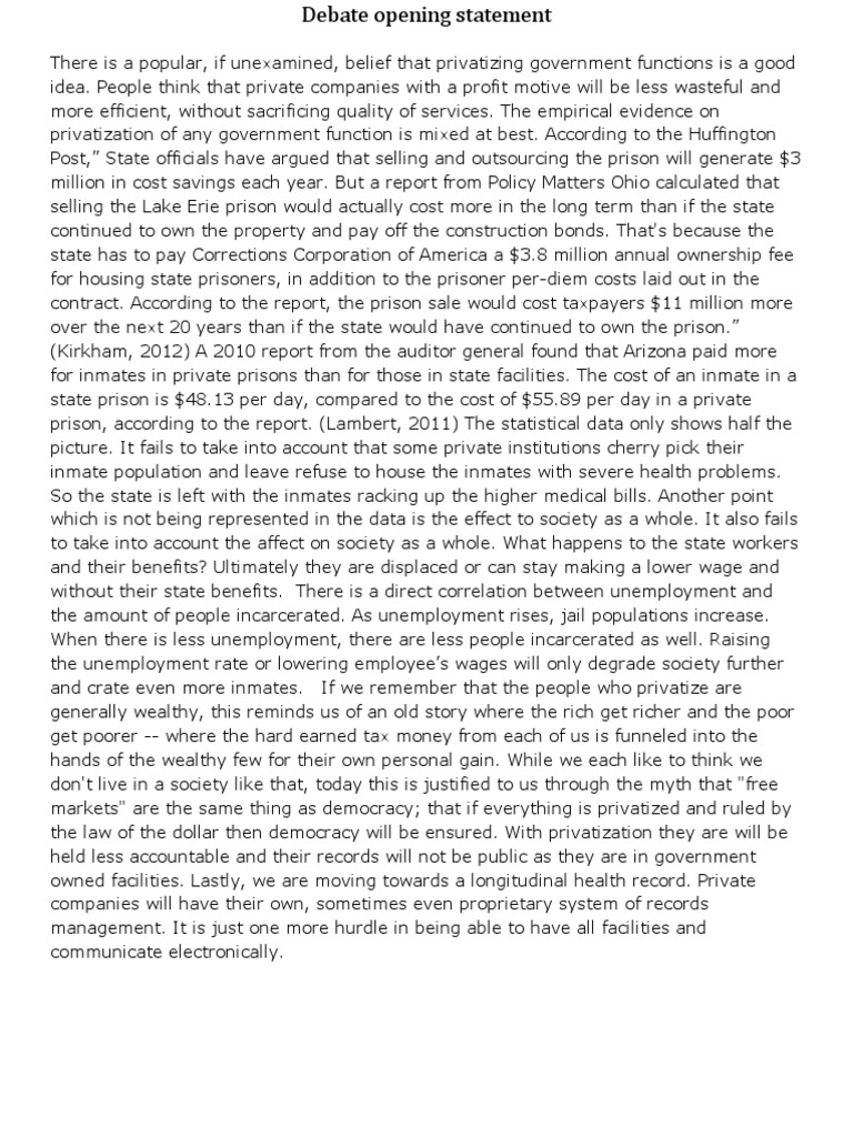 Debate Opening Statement | PDF | Prison | Unemployment