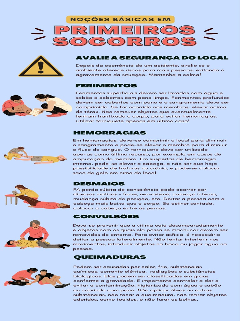 Noções em Primeiros Socorros | PDF | Reanimação cardiopulmonar | Queimadura Noções em Primeiros Socorros | PDF | Reanimação cardiopulmonar | Queimadura