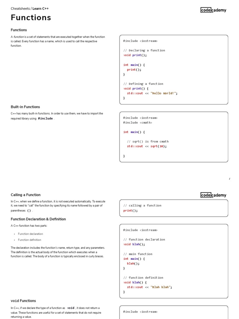 Learn C Functions Cheatsheet Codecademy Pdf Parameter Computer Programming Subroutine 5579