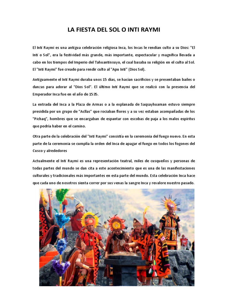 La Fiesta Del Sol o Inti Raymi | PDF | Ciencias sociales | Viajes y turismo